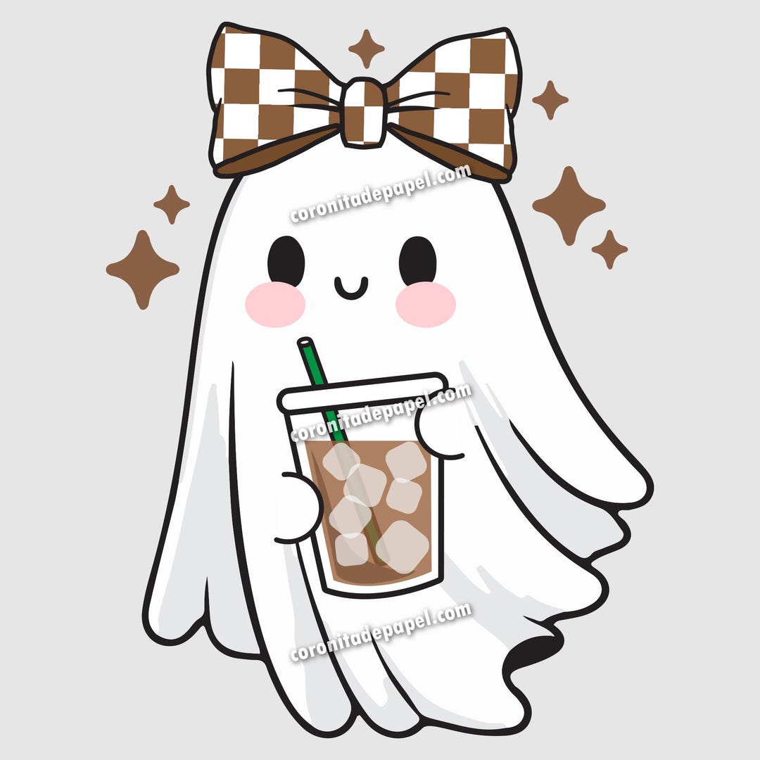 Cute Ghost With Bow and Iced Coffee Clipart PNG, Kawaii Halloween Ghost ...