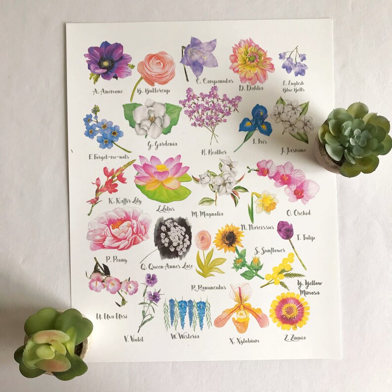 Flower Alphabet Chart, Watercolor Alphabet Chart, Flower Alphabet ...
