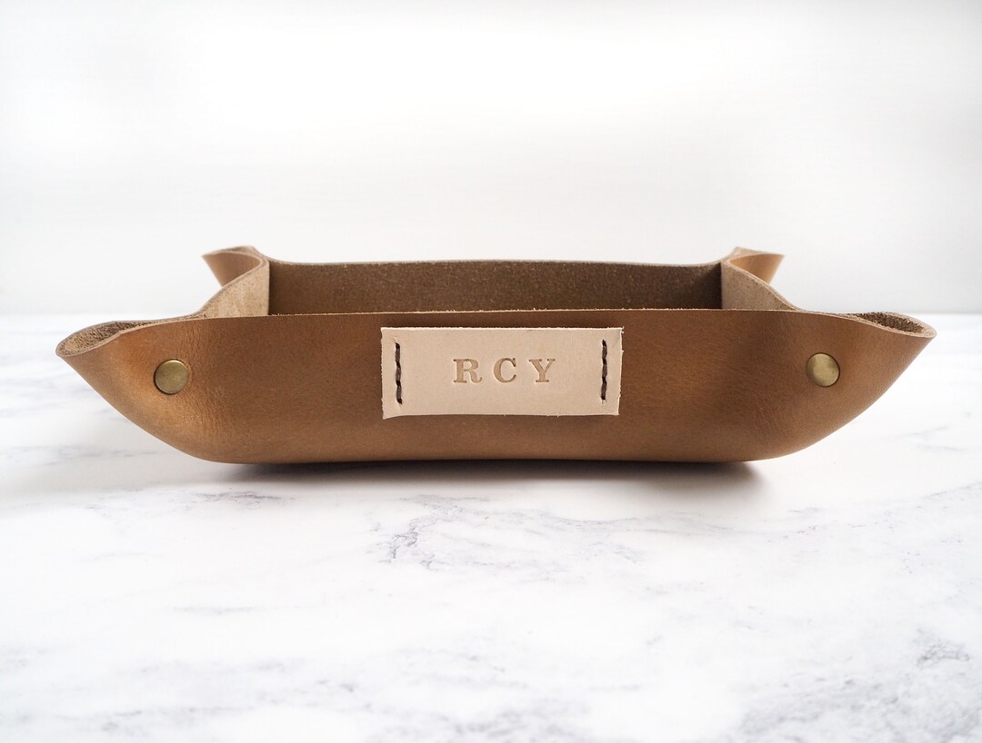 Small Leather Rectangular Coin Tray With Cream Tag, Personalised 3rd ...
