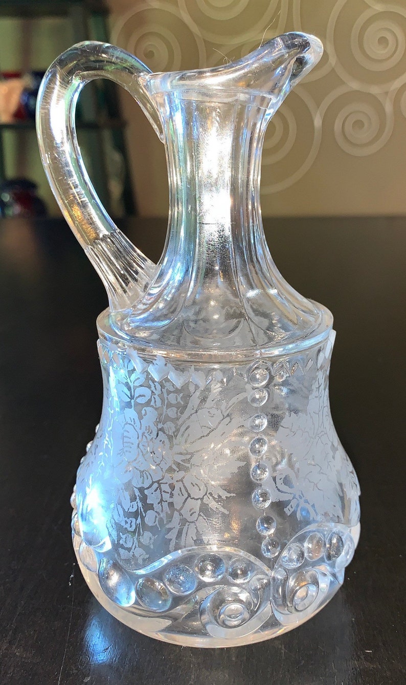 Vintage Pressed and Etched Small Glass Pitcher - Etsy