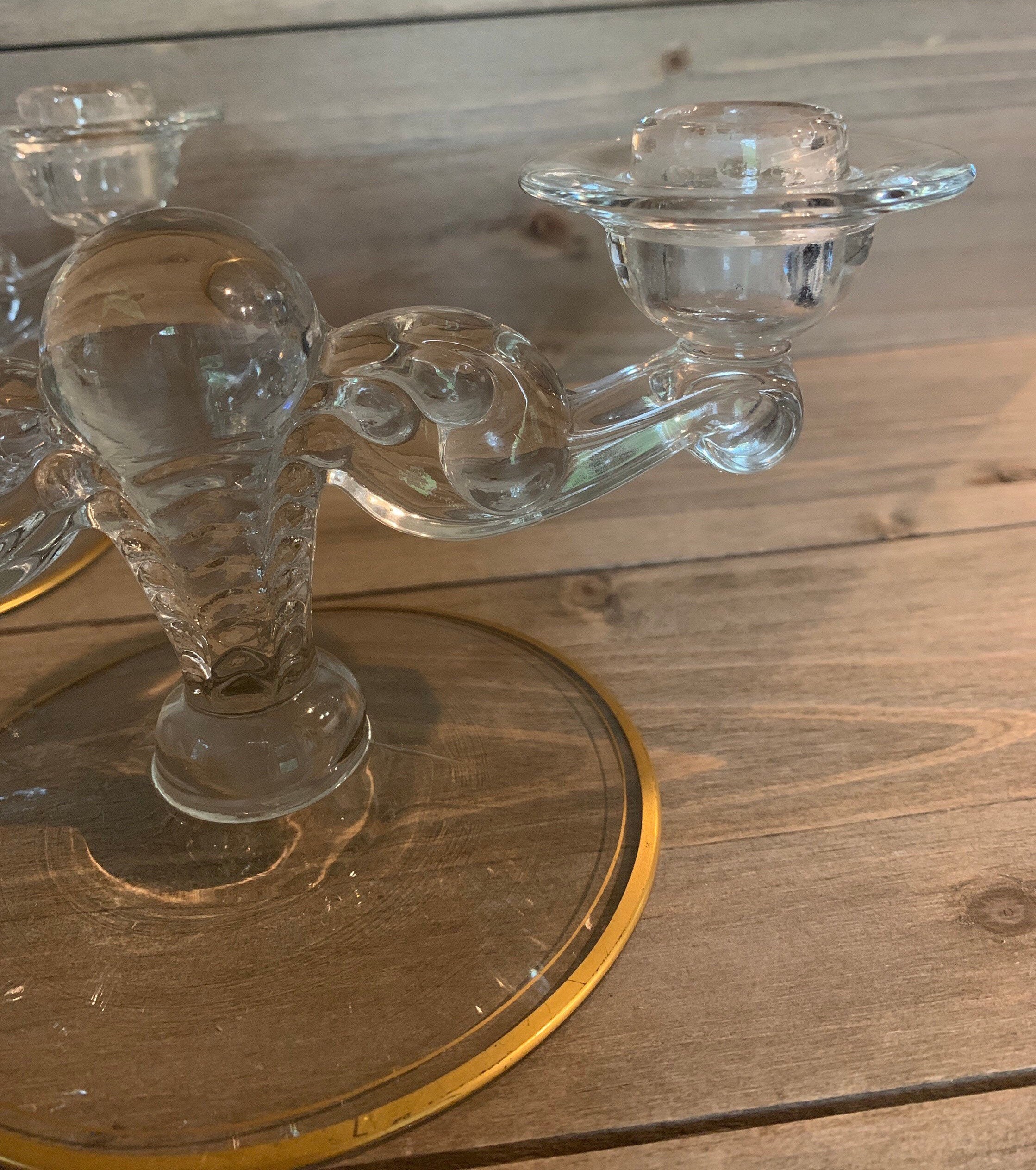 Pair of Glass Double Candlestick Holders With Gold Rim Base - Etsy