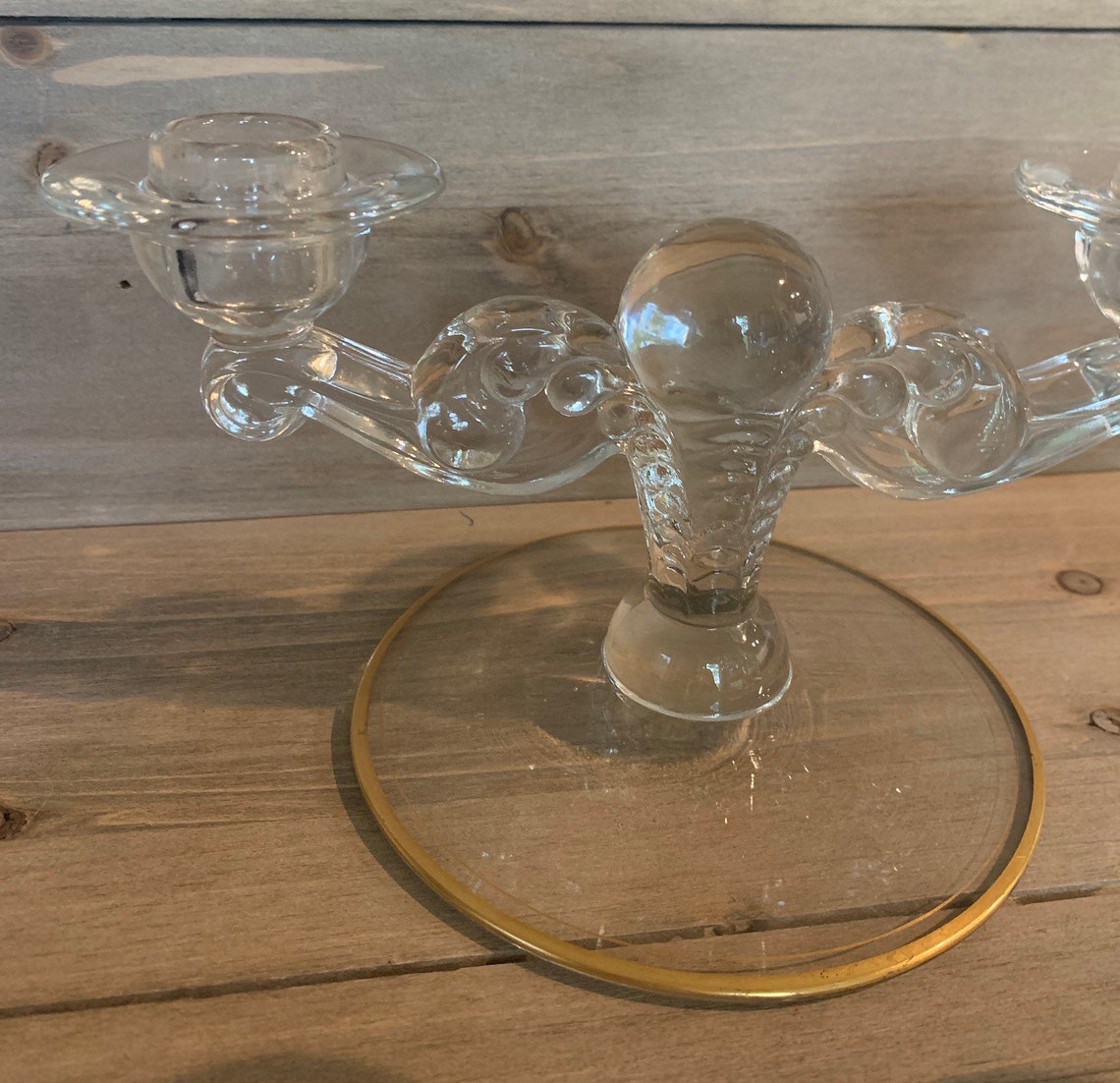 Pair of Glass Double Candlestick Holders With Gold Rim Base - Etsy