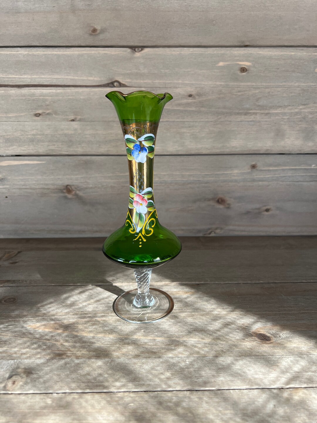 Bud Vase Emerald Green Fluted Hand Painted W/ Gold Trim - Etsy