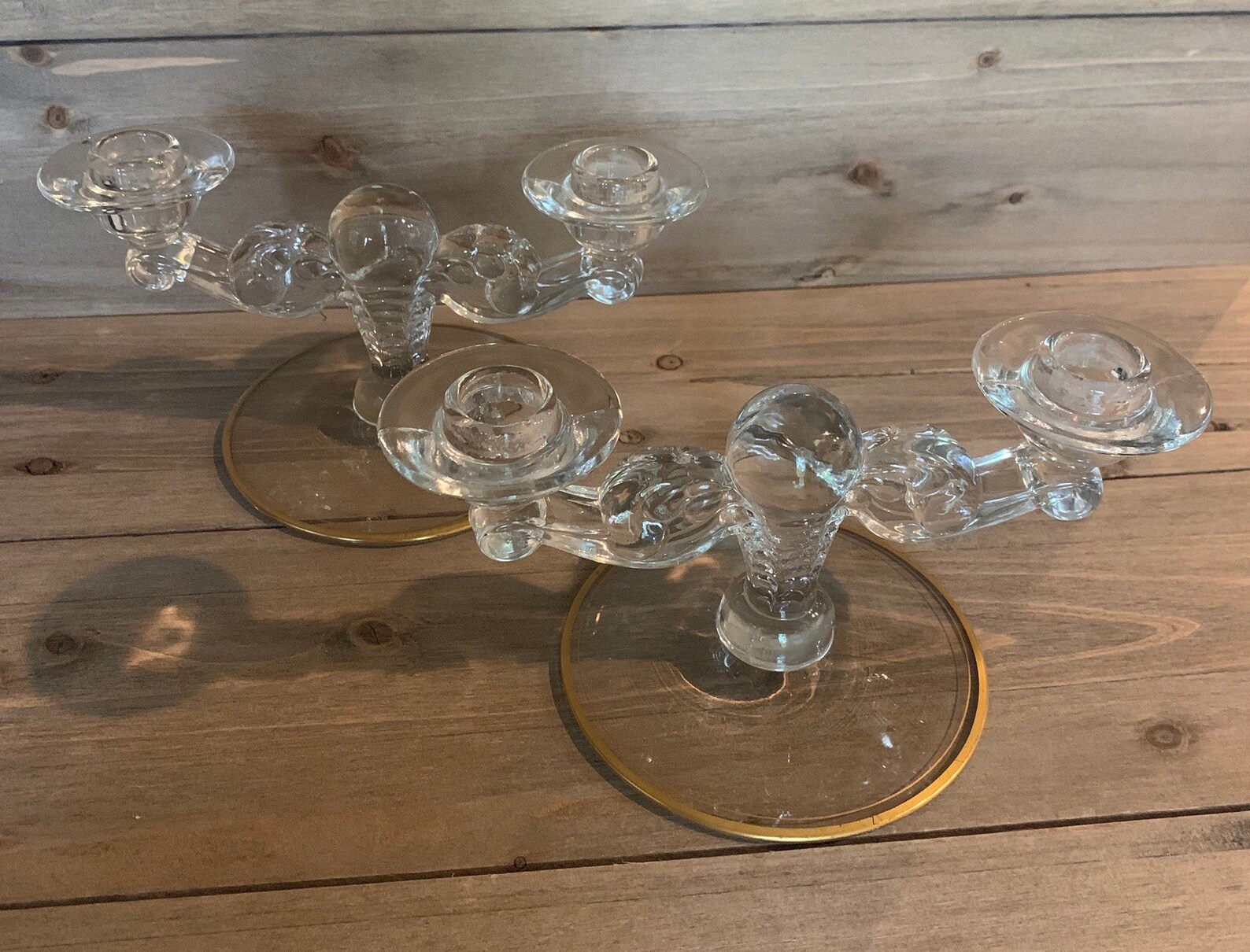 Pair of Glass Double Candlestick Holders With Gold Rim Base - Etsy