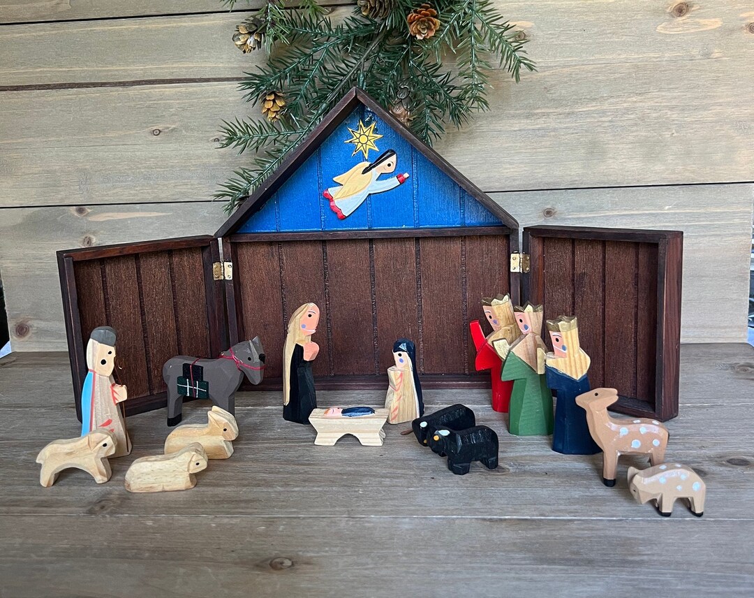Vintage Wood Nativity Set in Folding Box, Lillian Vernon Hand Painted ...