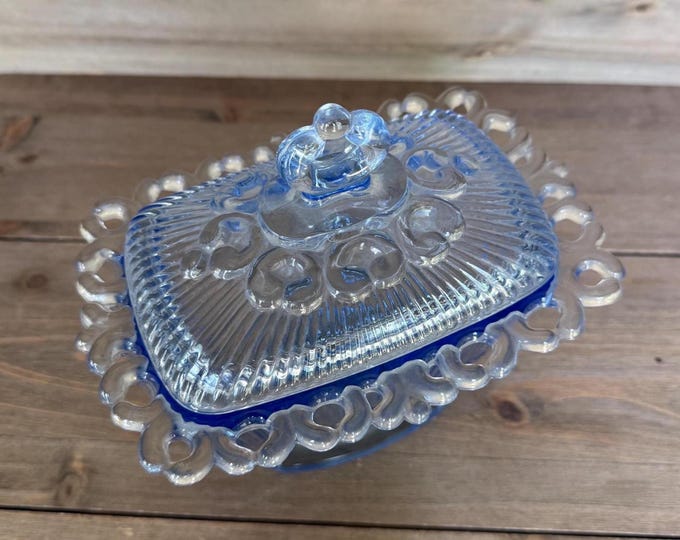 Blue Indiana Glass Lace Edged Pedestal Candy Dish With Lid - Etsy