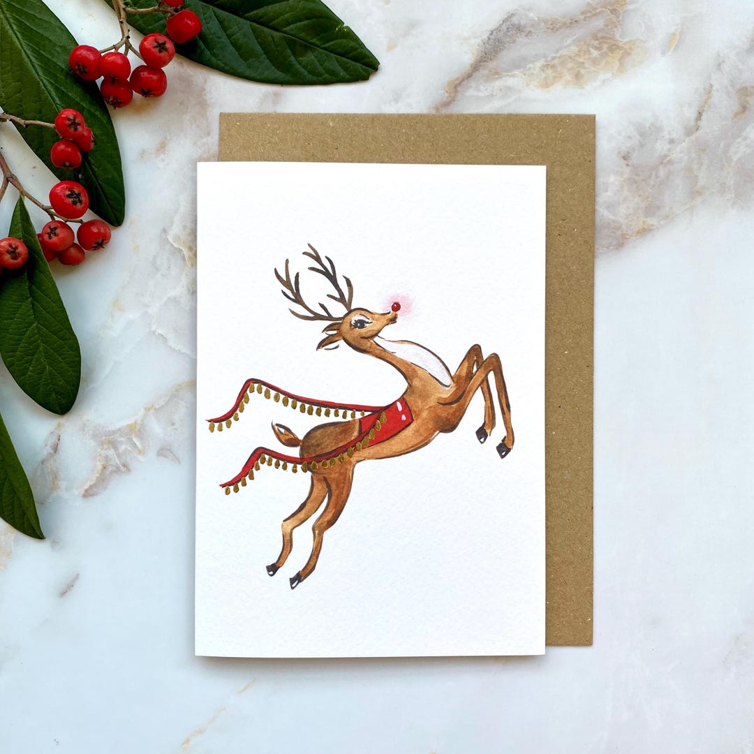 Rudolph the Red Nosed Reindeer - Illustrated Christmas Holiday Cards ...