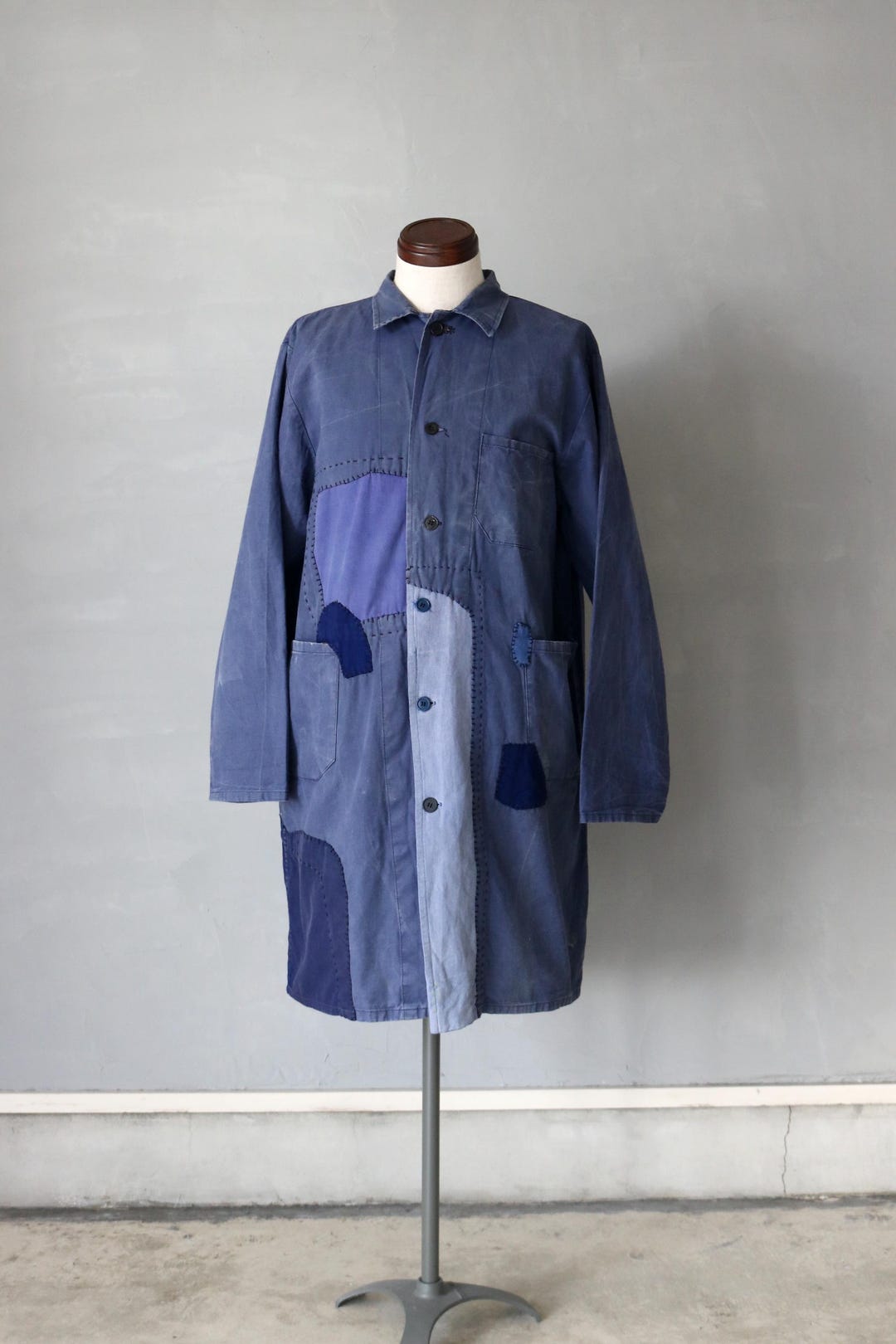 Czech vintage patchwork blue-gray coat/Czech military/cotton/patched ...