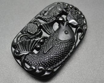 Wonderful Chinese Handwork Natural Black Obsidian Carved Fish Happy ...