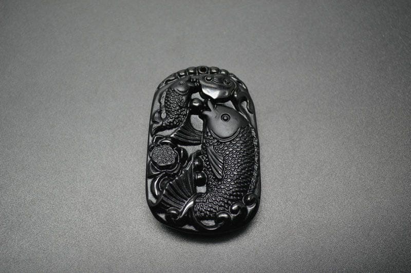 New Design Natural Black Obsidian Carved Lucky Fish and Lotus Stone ...