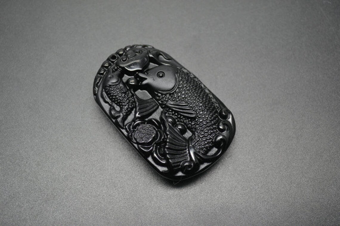 New Design Natural Black Obsidian Carved Lucky Fish and Lotus Stone ...