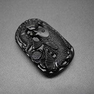 New Design Natural Black Obsidian Carved Lucky Fish and Lotus Stone ...