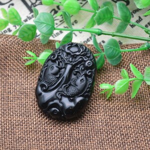New Design Natural Black Obsidian Carved Double Lucky Fish and Chinese ...