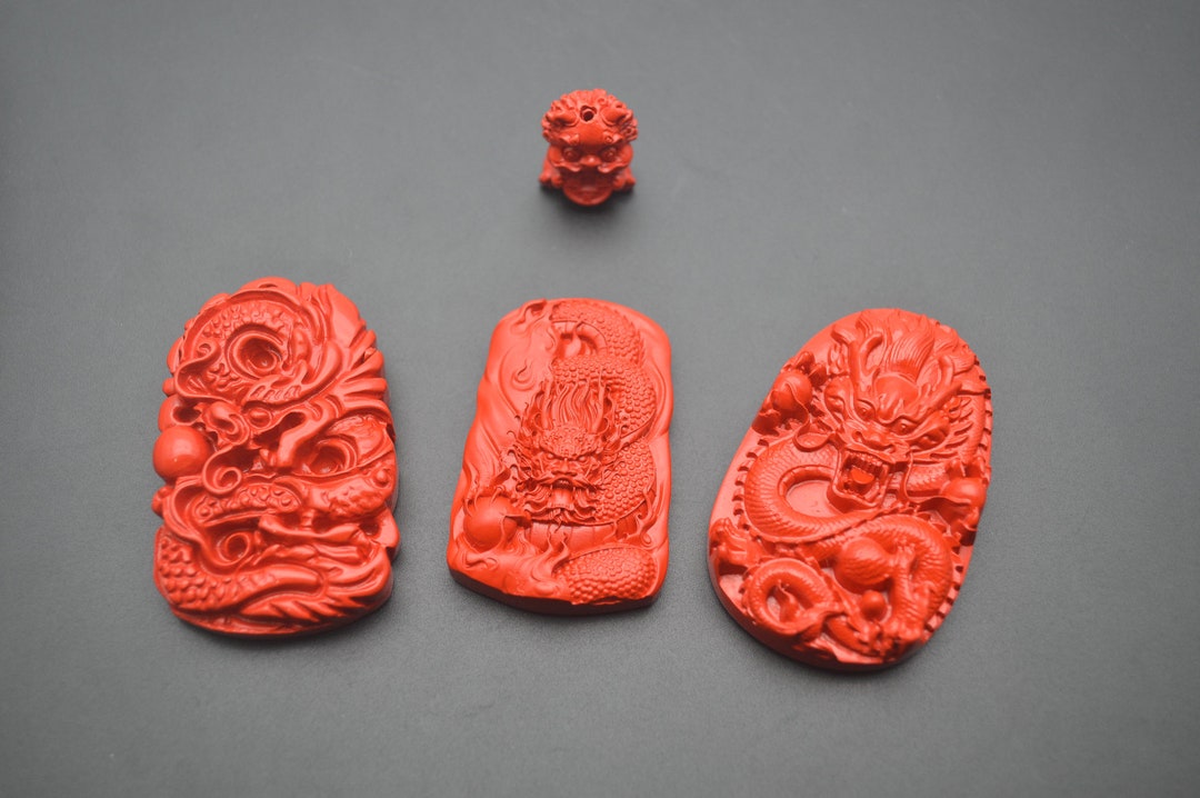 Natural Cinnabar Carved Chinese Loong Lucky Dragon Pendant Stone ...