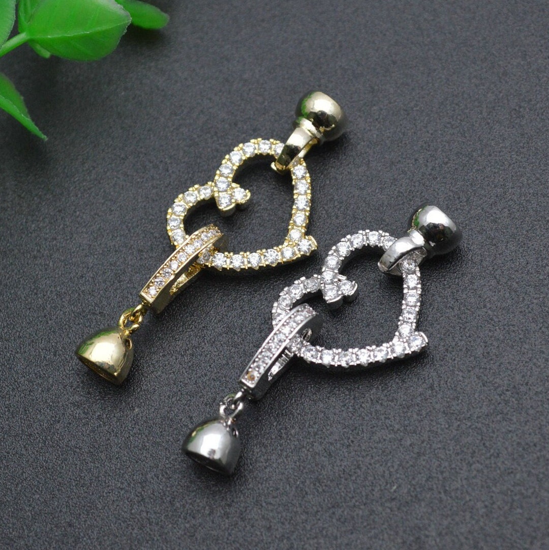 4pc CZ Beads Paved Heart Shape Collar Pulsera Charm Clasps Conector ...