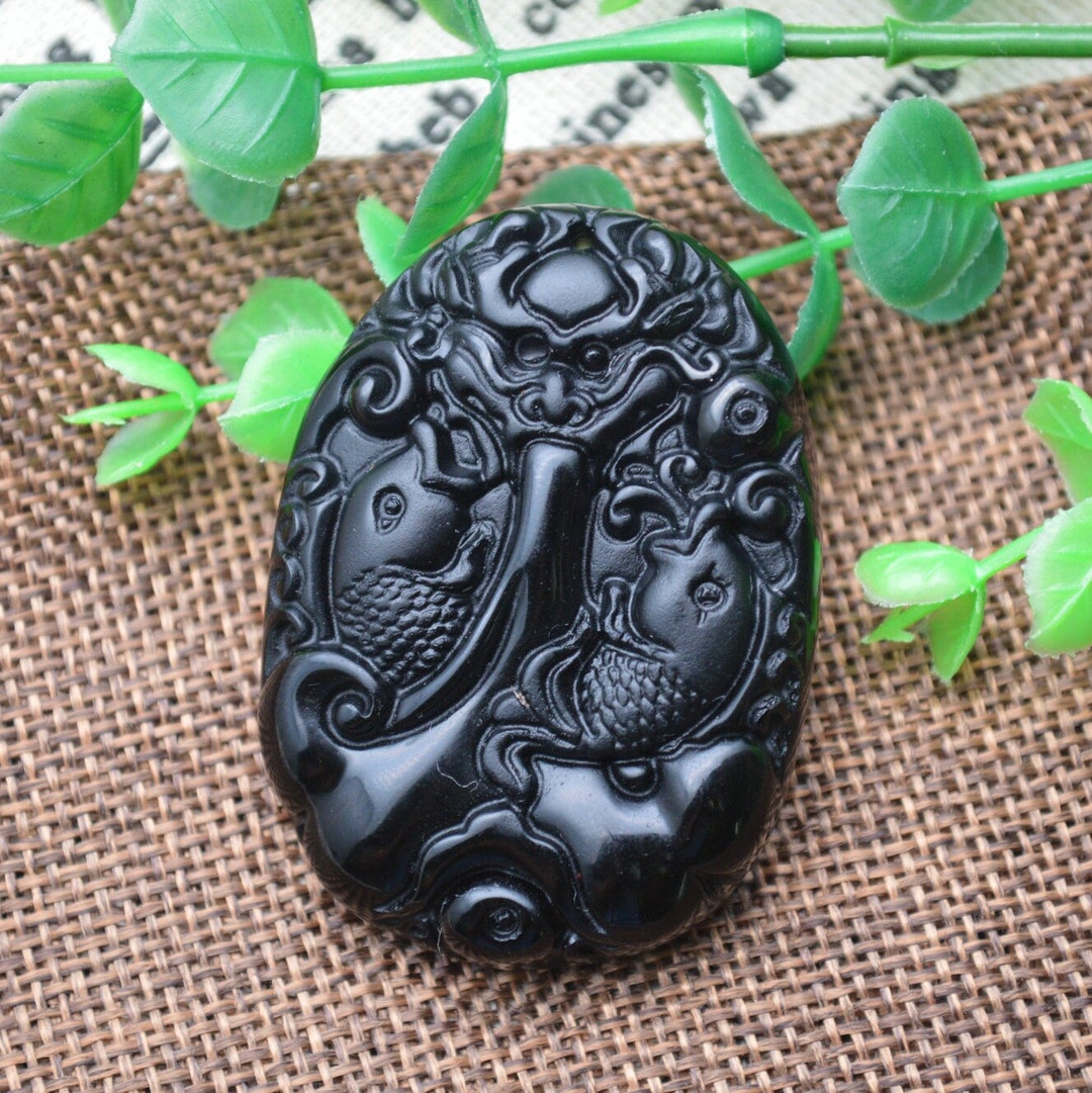 New Design Natural Black Obsidian Carved Double Lucky Fish and Chinese ...