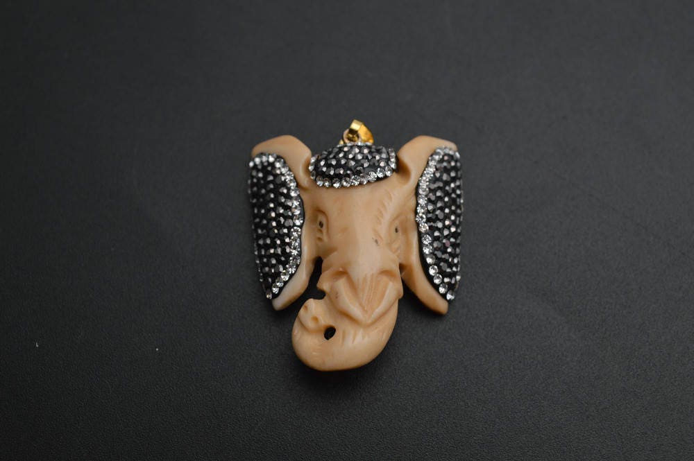 1pc Real OX Bone Carved Elephant Pendant Paved Black Crystal | Etsy