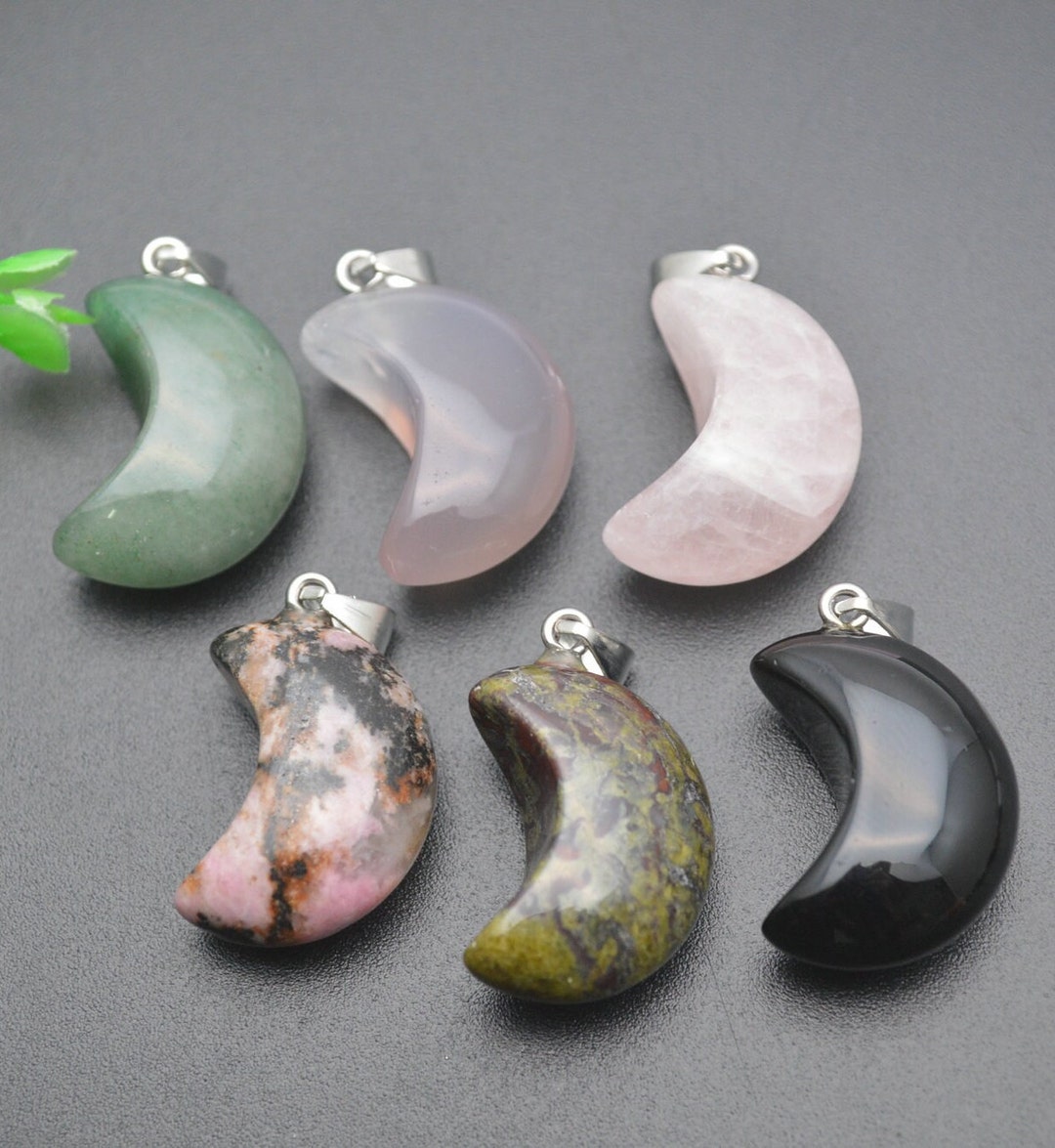 1pc Moon Shape Natural Stone Pendant Green Aventurine Rose Quartz Black ...