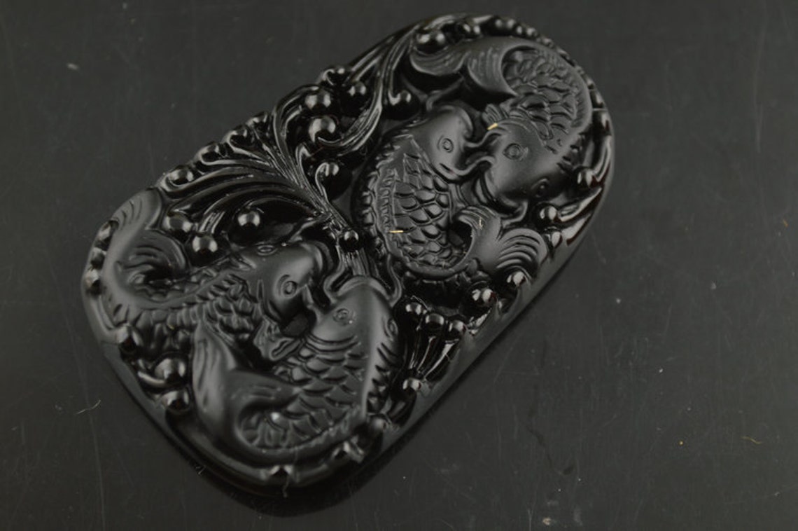 Natural Black Obsidian Carved Cute Fishes Stone Pendant - Etsy