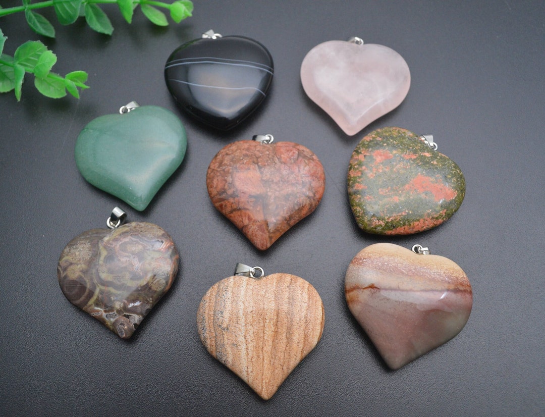 40mm Big Size Natural Gemstone Heart Pendant Rose Quartz Unakite ...