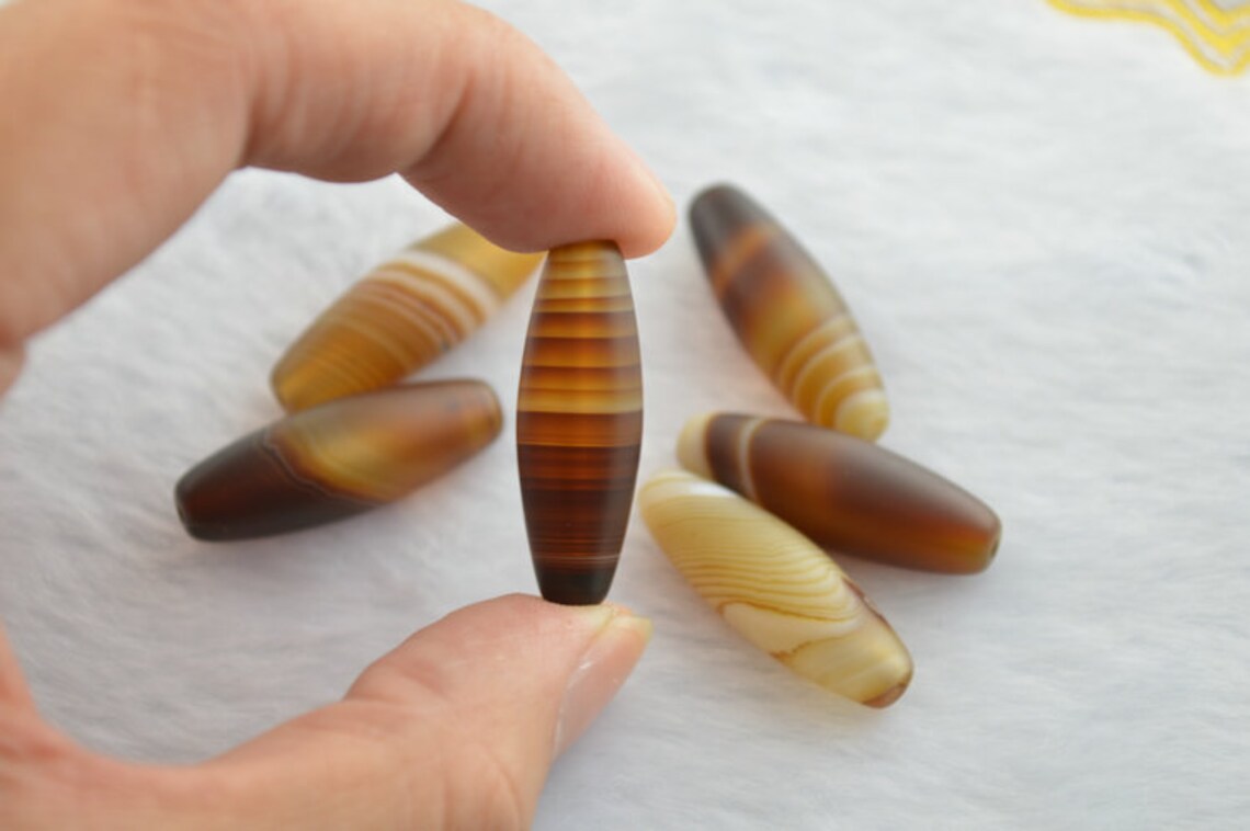 5pc 10x30mm Matte Banded Coffee Agate Long Barrel Tube Tibetan DZI ...