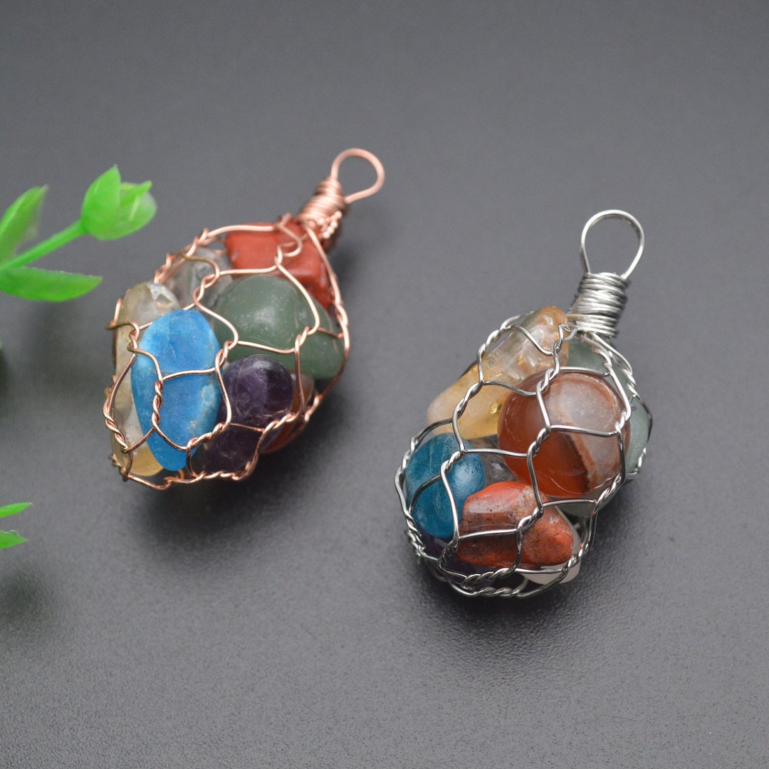 Handmade Wire Wrapped Cage Stone Nugget Beads Chakra Crystal Pendant ...