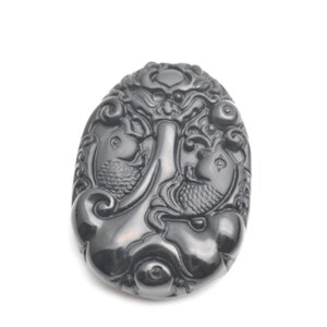 New Design Natural Black Obsidian Carved Double Lucky Fish and Chinese ...