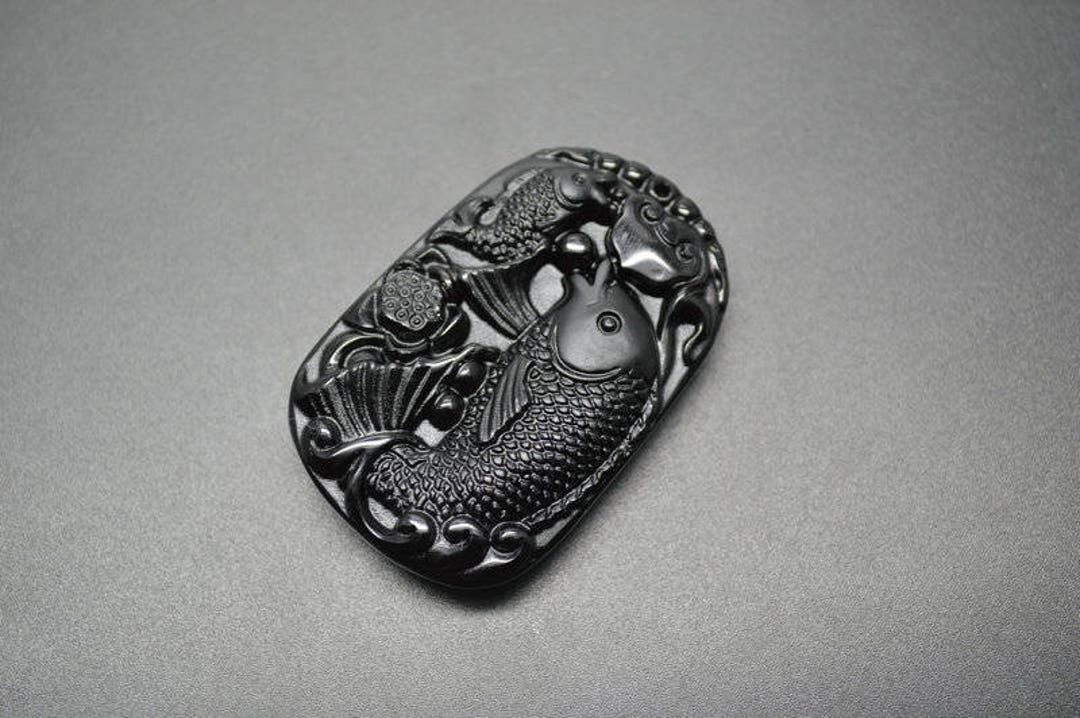 New Design Natural Black Obsidian Carved Lucky Fish and Lotus Stone ...