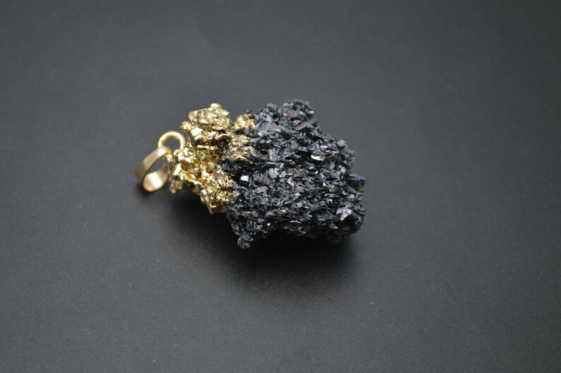 Shiny Black Rough Rainbow Stone Mineral Pendant Gold Plating | Etsy