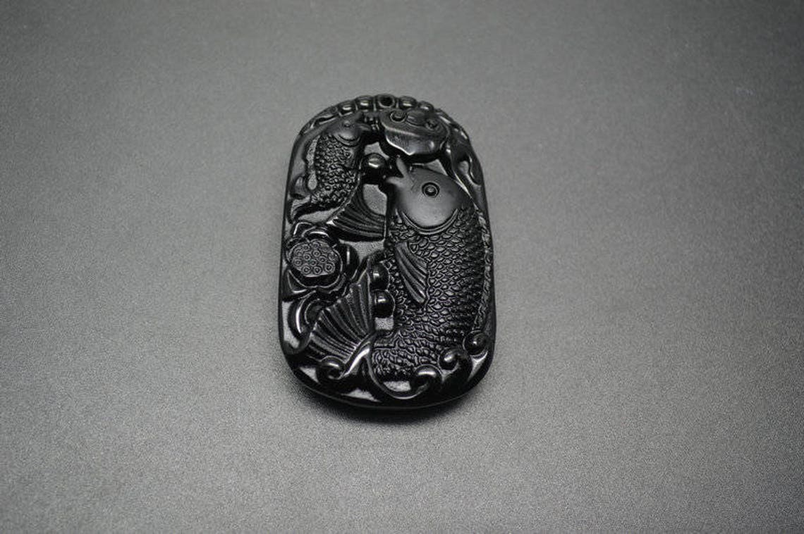 New Design Natural Black Obsidian Carved Lucky Fish and Lotus Stone ...