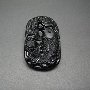 New Design Natural Black Obsidian Carved Lucky Fish and Lotus Stone ...