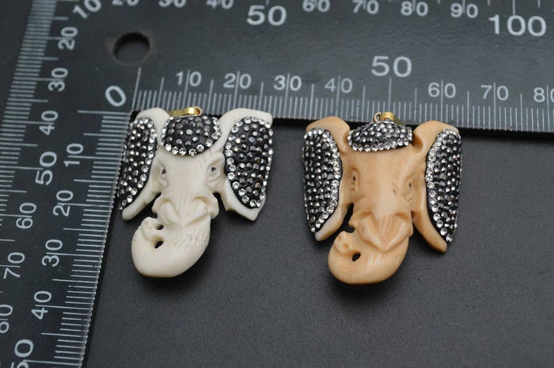 1pc Real OX Bone Carved Elephant Pendant Paved Black Crystal | Etsy