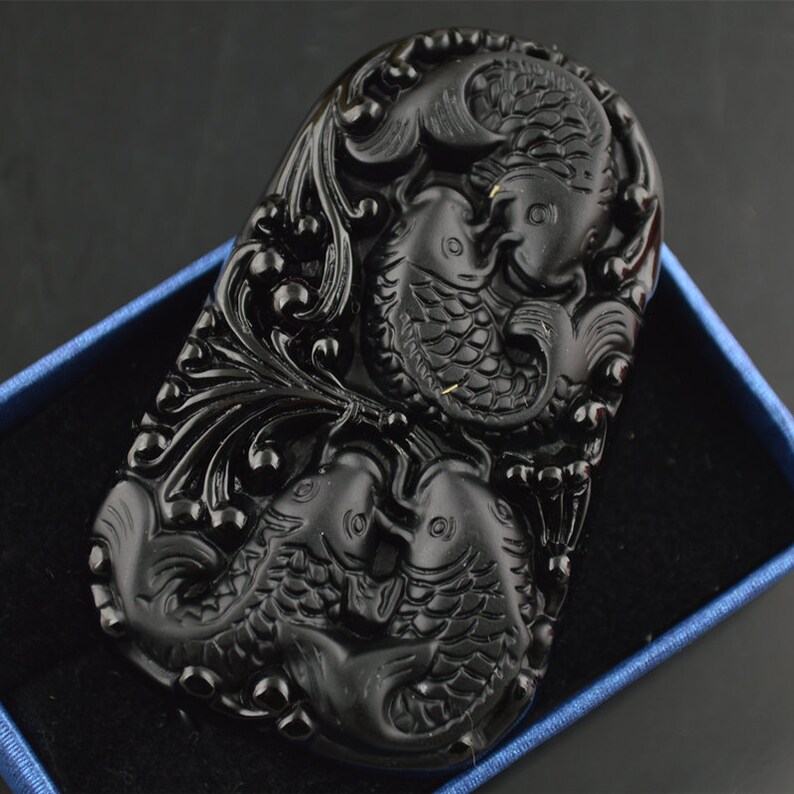 Natural Black Obsidian Carved Cute Fishes Stone Pendant Beautiful ...