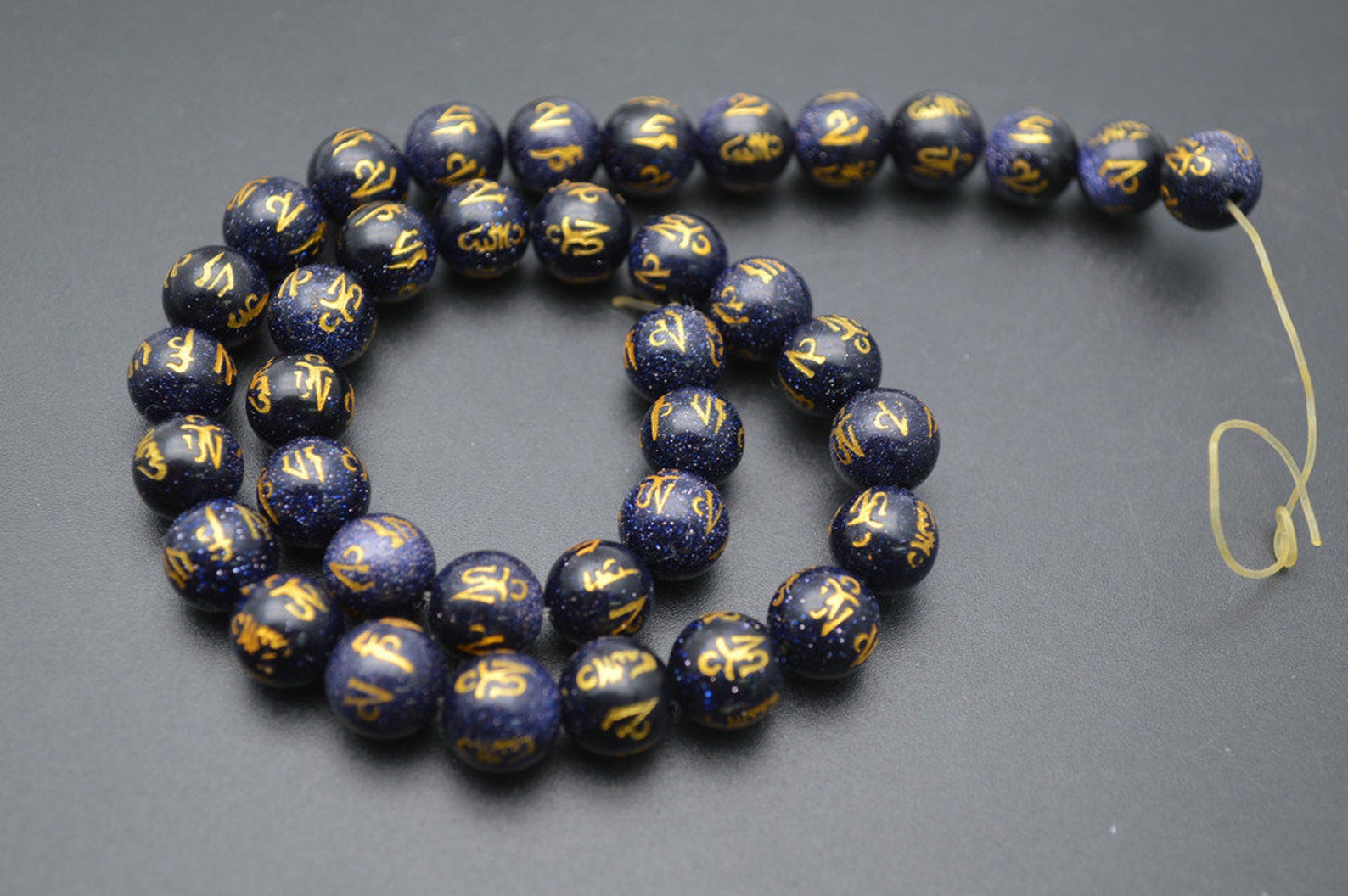 Carved Gold Words Om Mani Padme Hum Natural Blue Sandstone Round Loose ...