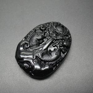 New Design Natural Black Obsidian Carved Double Lucky Fish and Chinese ...