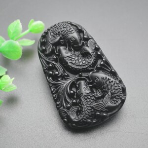 Natural Black Obsidian Carved Cute Fishes Stone Pendant Beautiful ...