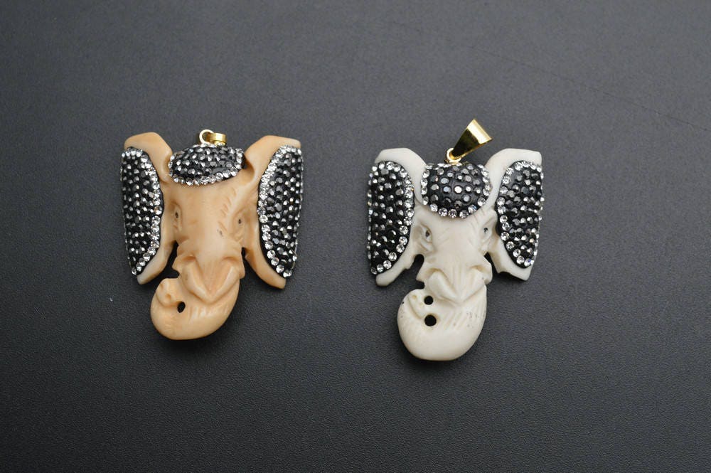 1pc Real OX Bone Carved Elephant Pendant Paved Black Crystal | Etsy