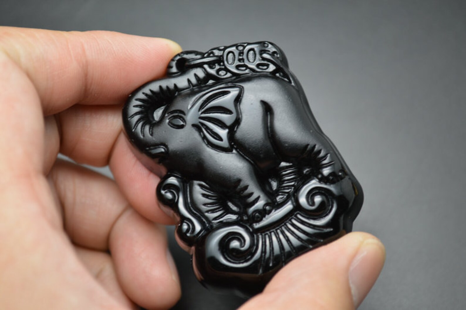 New Design Carved Natural Black Obsidian Elephant Standing on Lucky ...