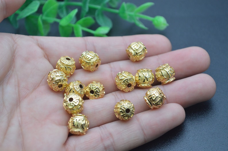 20pc 18k Gold Plating Metal Copper Buddhist Mantra Round Beads DIY ...