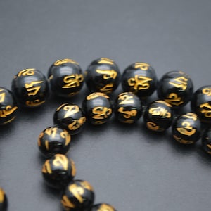Gold Words Carved Om Mani Padme Hum Black Onyx Agate Mantra Stone Round ...