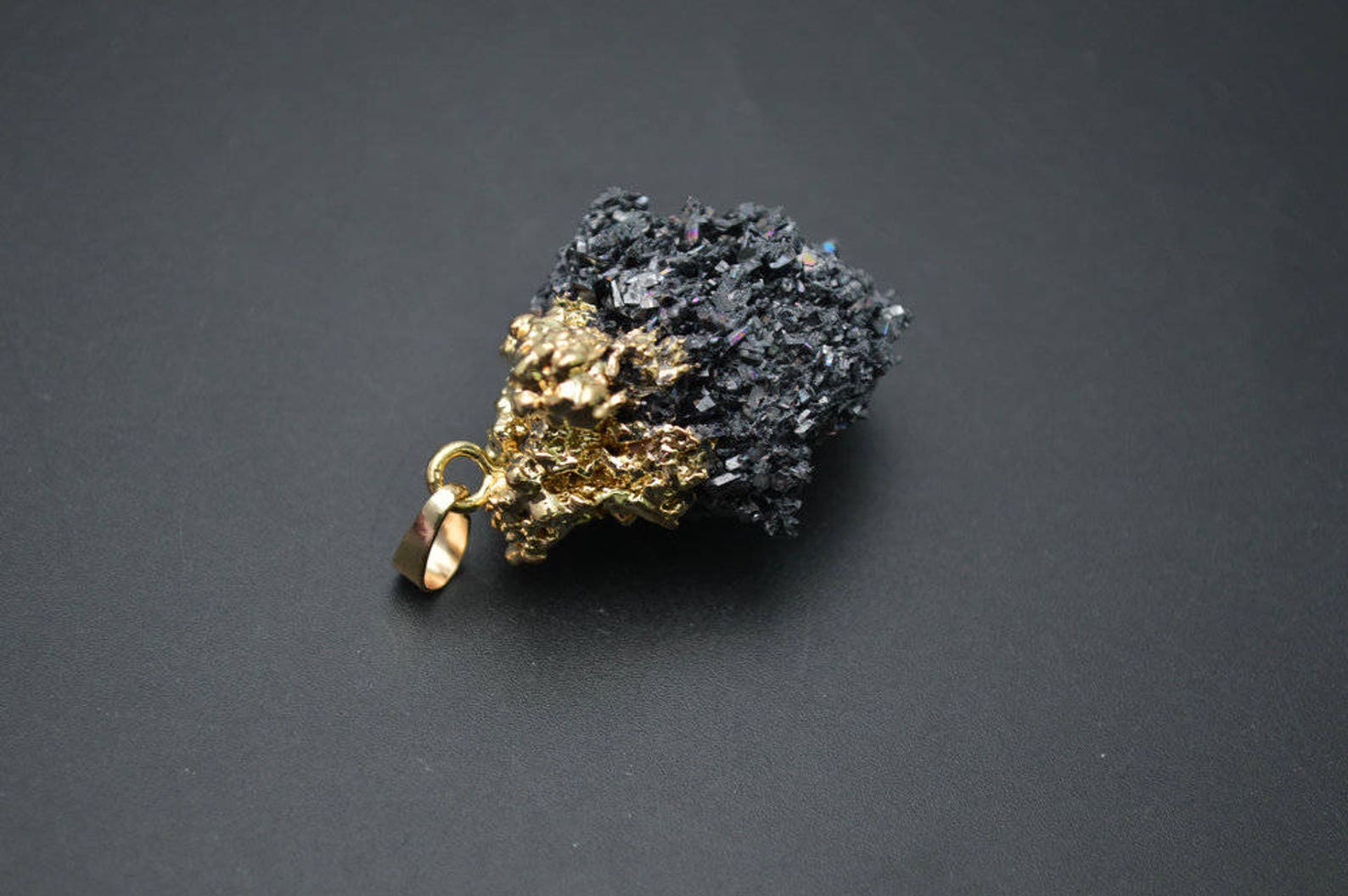 Shiny Black Rough Rainbow Stone Mineral Pendant Gold Plating | Etsy