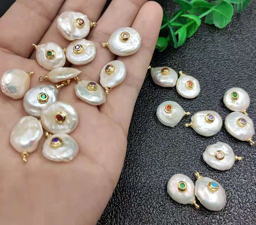 Natuarl White Pearl Irregular Round Coin Shape Beads With a CZ | Etsy