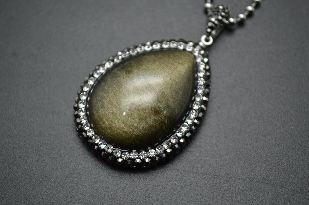 Natural Gold Obsidian Pear Shape Stone Pendant Crystal Paved Jewelry - Etsy