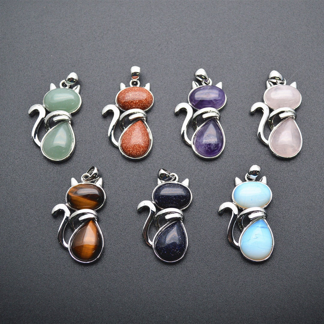 1pc Natural Stone Cabochons Cute Cat Animal Pendant Fit Necklace ...