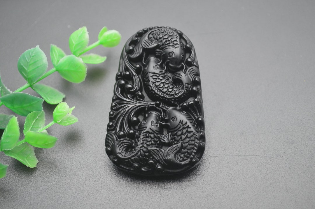 Natural Black Obsidian Carved Cute Fishes Stone Pendant Beautiful ...