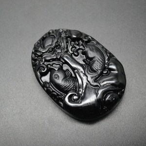 New Design Natural Black Obsidian Carved Double Lucky Fish and Chinese ...