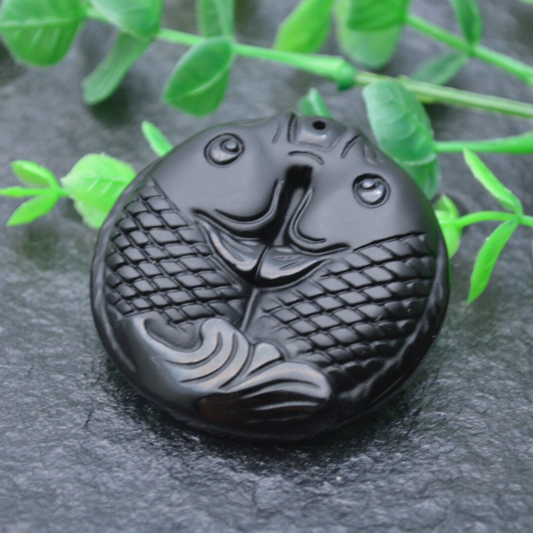 Cute Double Fish Natural Black Obsidian Carved Stone Lucky Pendant - Etsy