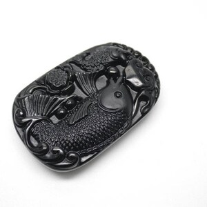 New Design Natural Black Obsidian Carved Lucky Fish and Lotus Stone ...