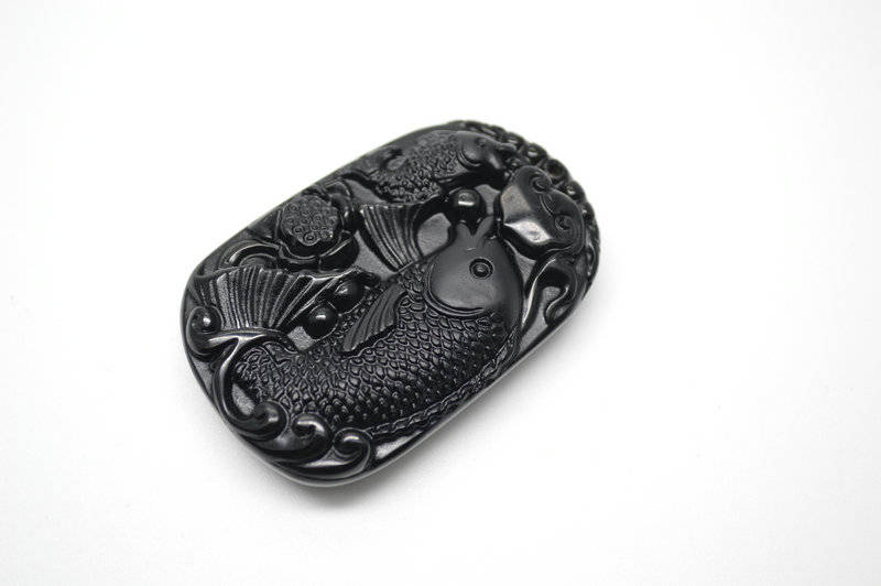 New Design Natural Black Obsidian Carved Lucky Fish and Lotus Stone ...