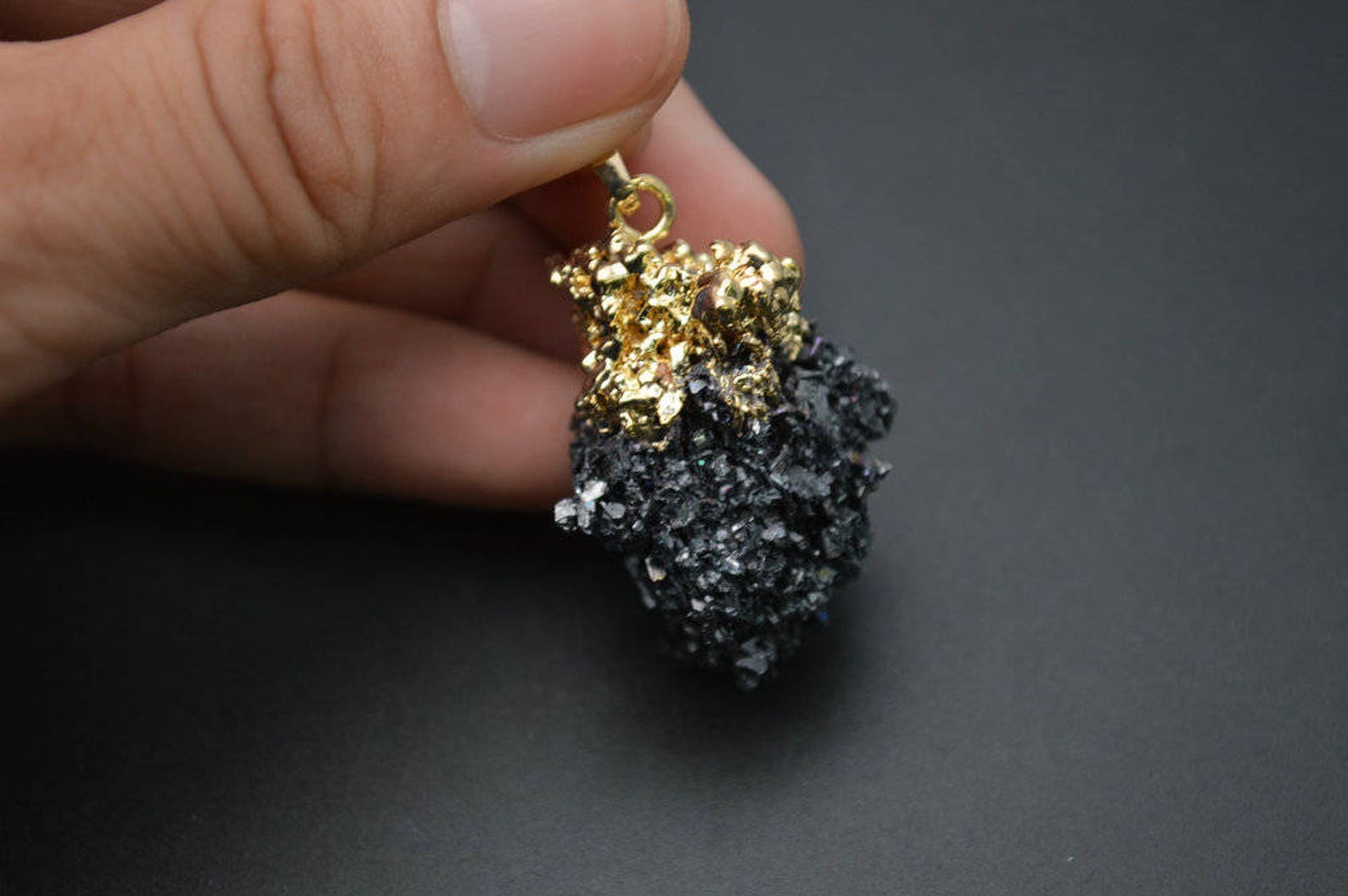 Shiny Black Rough Rainbow Stone Mineral Pendant Gold Plating | Etsy